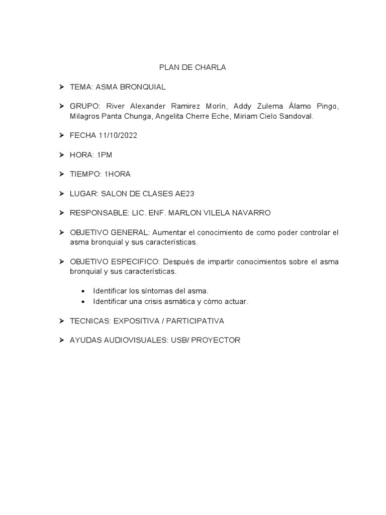 Asma Bronquial Plan de Charla | PDF | Asma | Tos