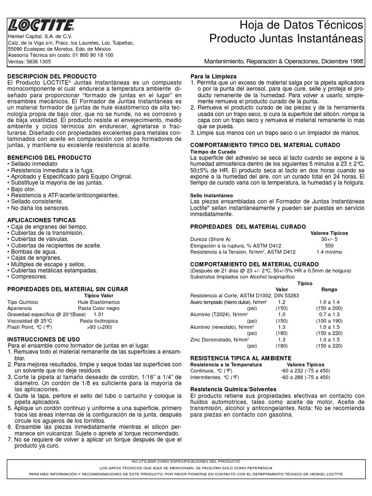 Ficha Tecnica Juntas Instantaneas Loctite | PDF | Patentar | Ciencias ...