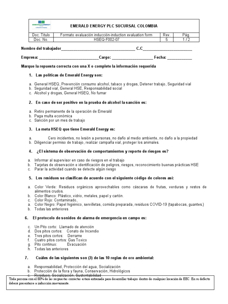 HSEQ-F002-07 Formato Evaluación Inducción-Induction Evaluation Form | PDF