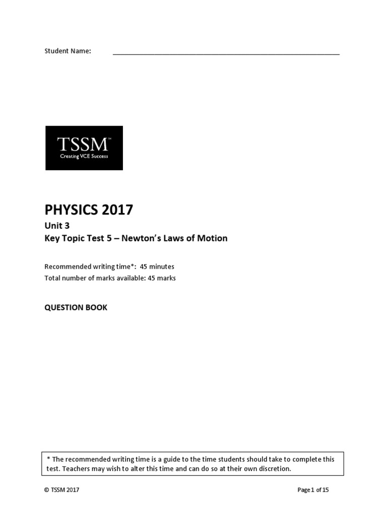 2017 Unit 3 Physics KTT 5 Newton's Laws Question Book | PDF | Force | Acceleration
