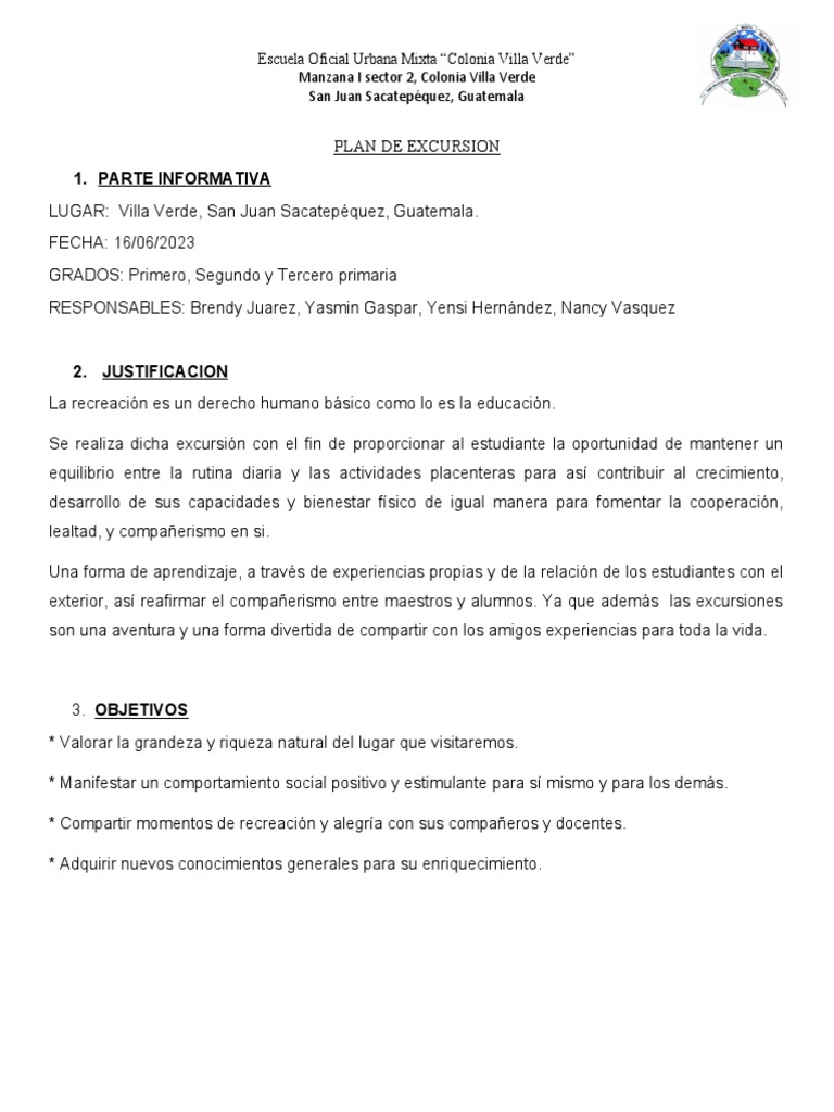 Plan de Excursión Escolar en Villa Verde | PDF | Enseñando | Guatemala