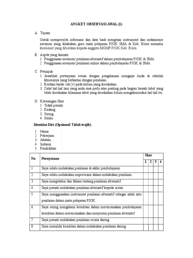 Angket Observasi Awal | PDF