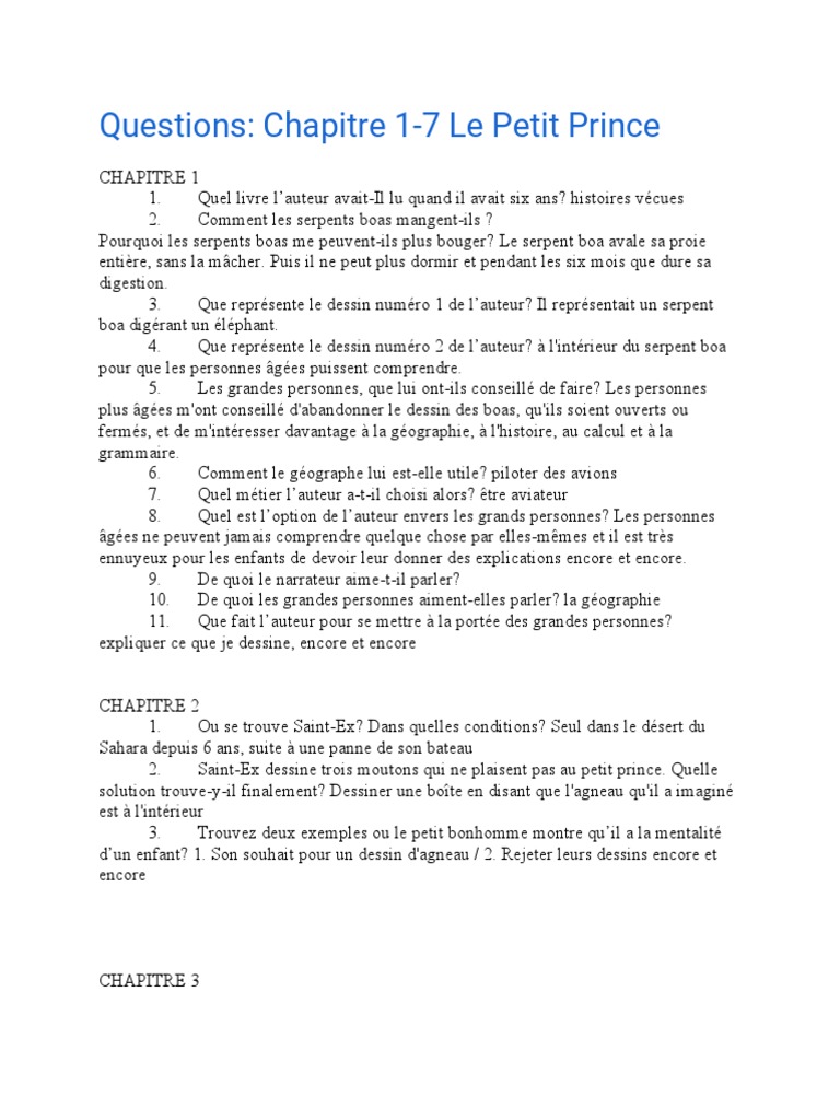 Questions - Chapitre 1-7 Le Petit Prince | PDF