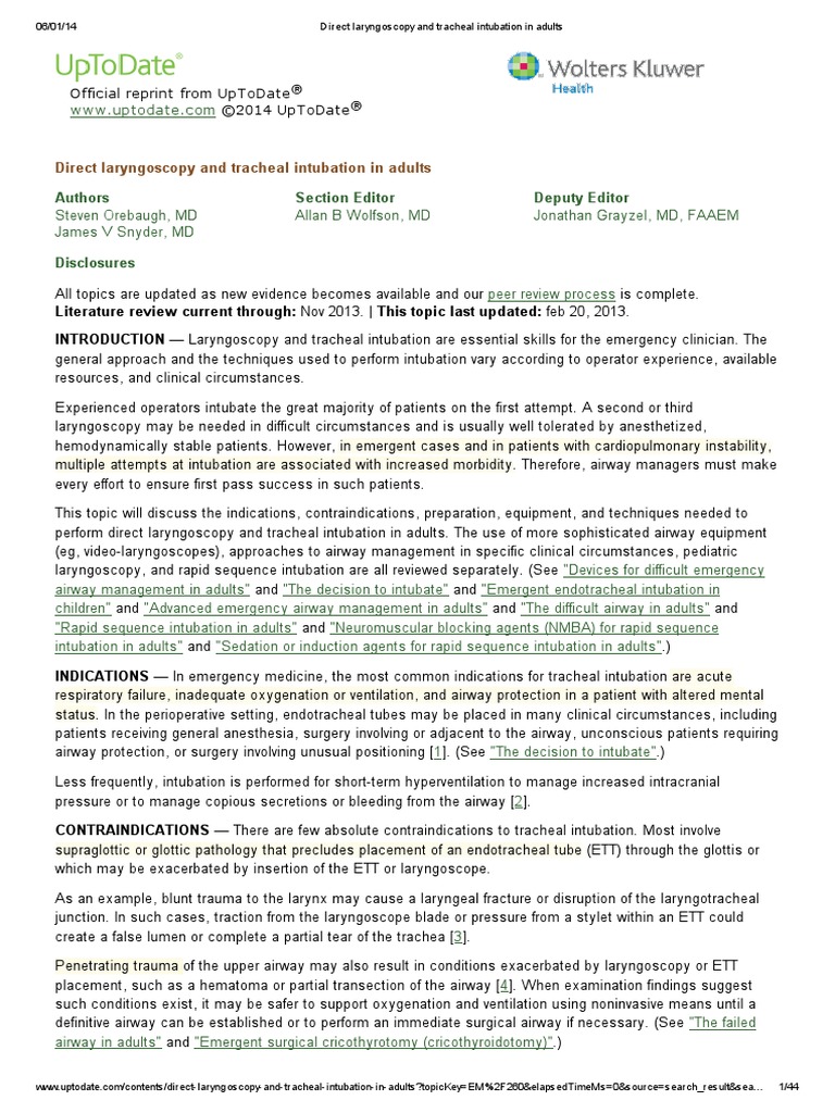 Direct Laryngoscopy and Tracheal Intubation in Adults | PDF | Wellness