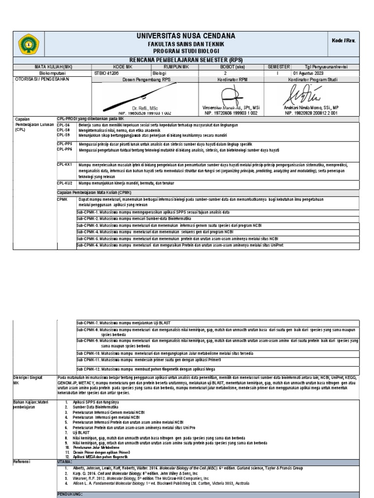 RPS CP-S1 Biokomputasi 2023 | PDF