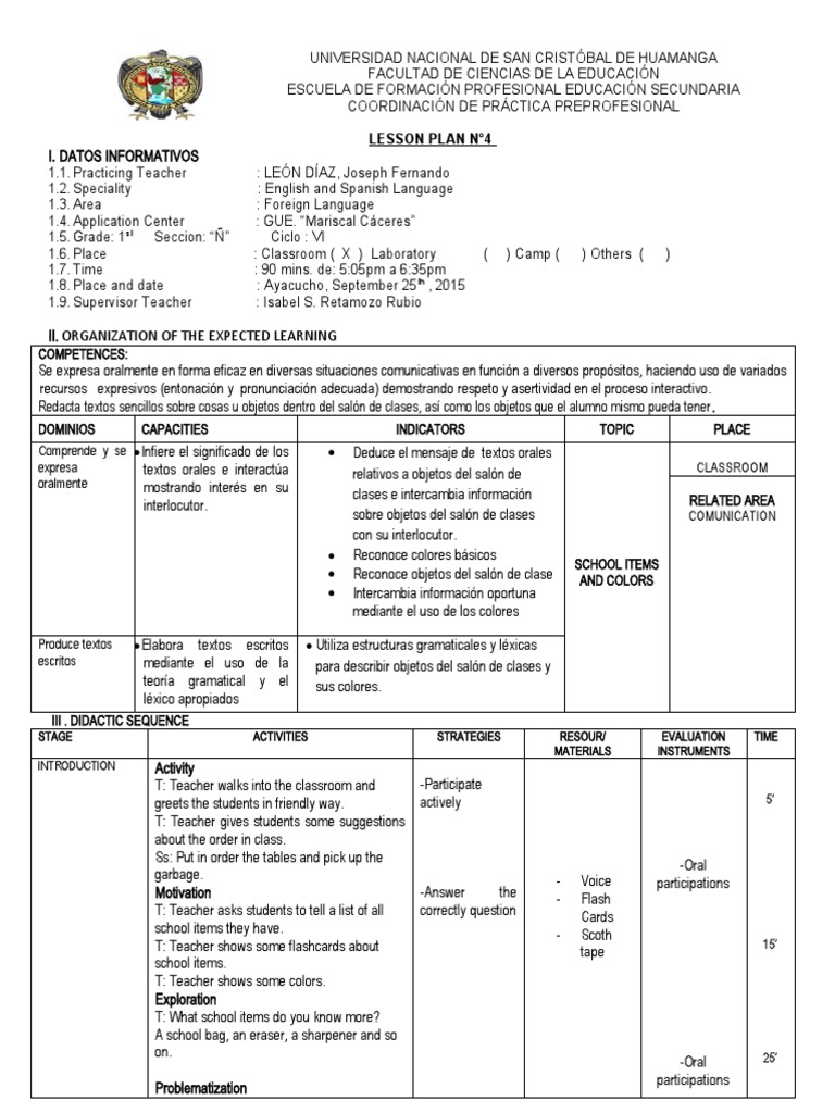 Lesson Plan 4-School Items and Colors For Students | PDF