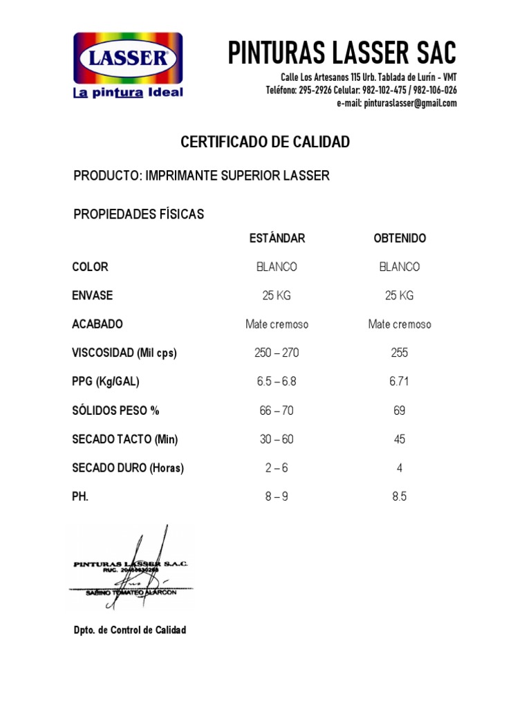 Certificado de Calidad Imprimante 25 KG | PDF
