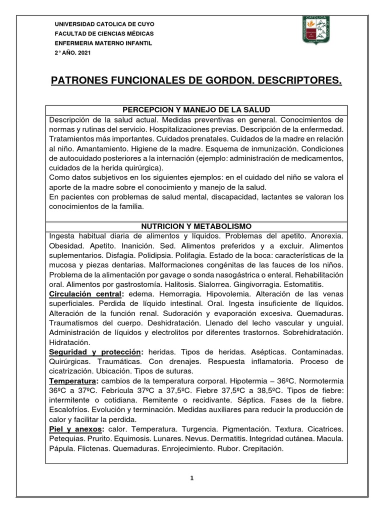 Patrones Funcionales de Gordon. Descriptores | PDF | Dolor | Dormir