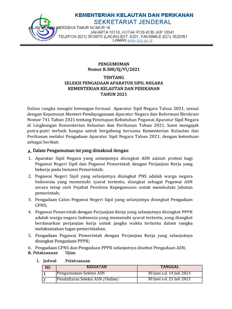 Pengumuman Awal ASN KKP Formasi Tahun 2021 (Awal) | PDF