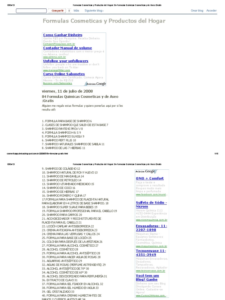 84 Fórmulas Cosméticas Gratis | PDF | Agua | Materiales