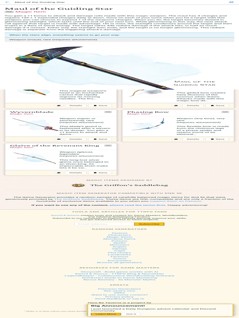 Magic Item Generator For Fantasy Tabletop RPGs Here Be Taverns 2 | PDF ...