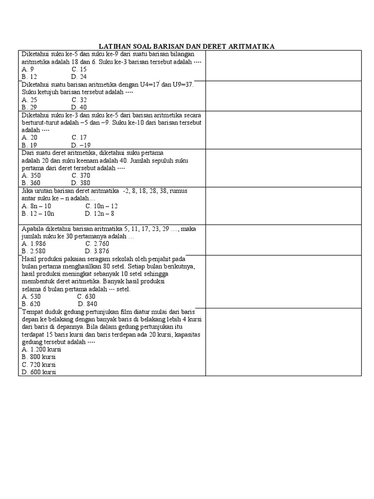 Latihan Soal Barisan Dan Deret Aritmatika | PDF