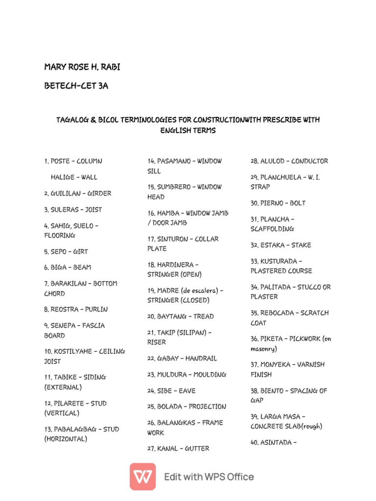 Bicol and Tagalog Construction Terms | PDF | Components | Building ...