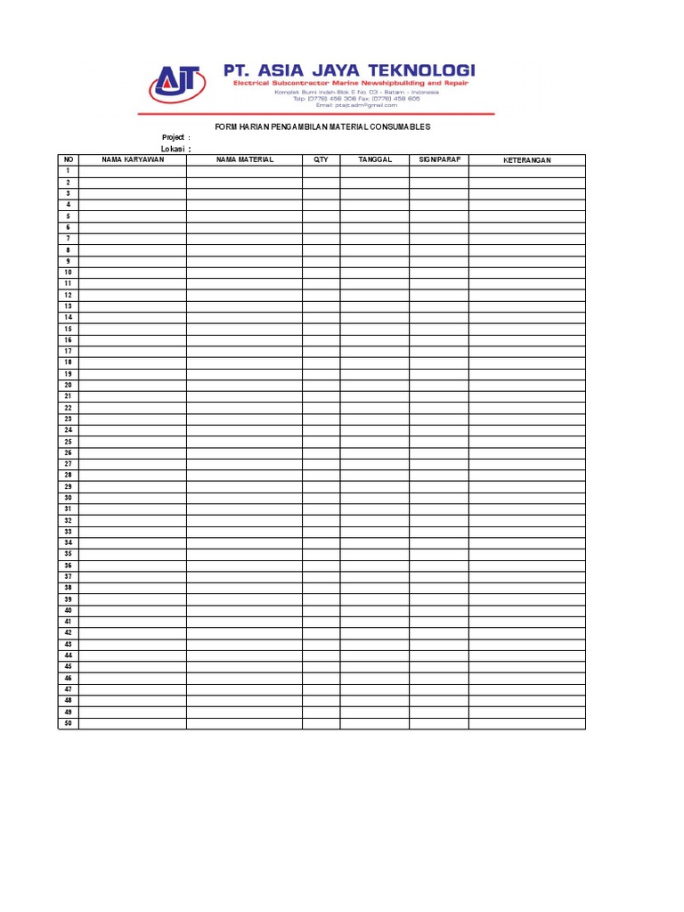 Form Harian Pengambilan Material Consumables | PDF