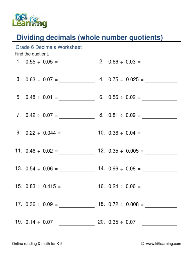 Grade 6 Dividing 2 Digit Decimals by A Decimal Whole Number Quotients A ...