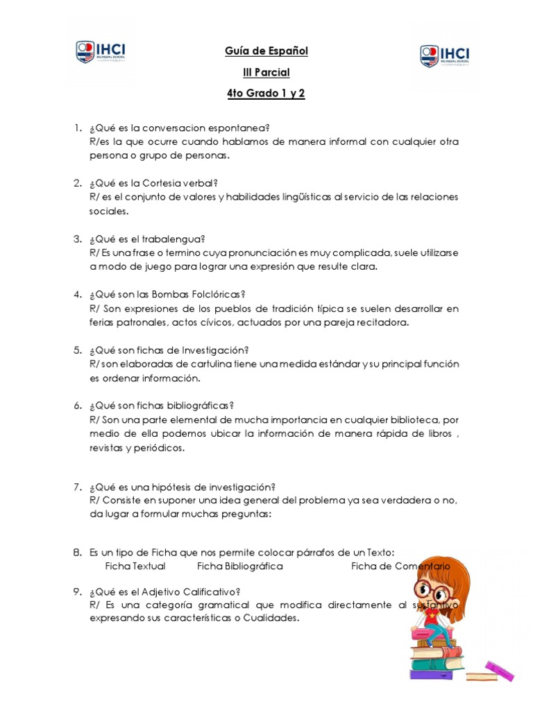 Guia de Español III Parcial 2023 4° Grado - 1 y 2 | PDF | Sustantivo ...