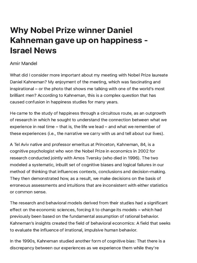 Why Nobel Prize Winner Daniel Kahneman Gave Up On Happiness | PDF