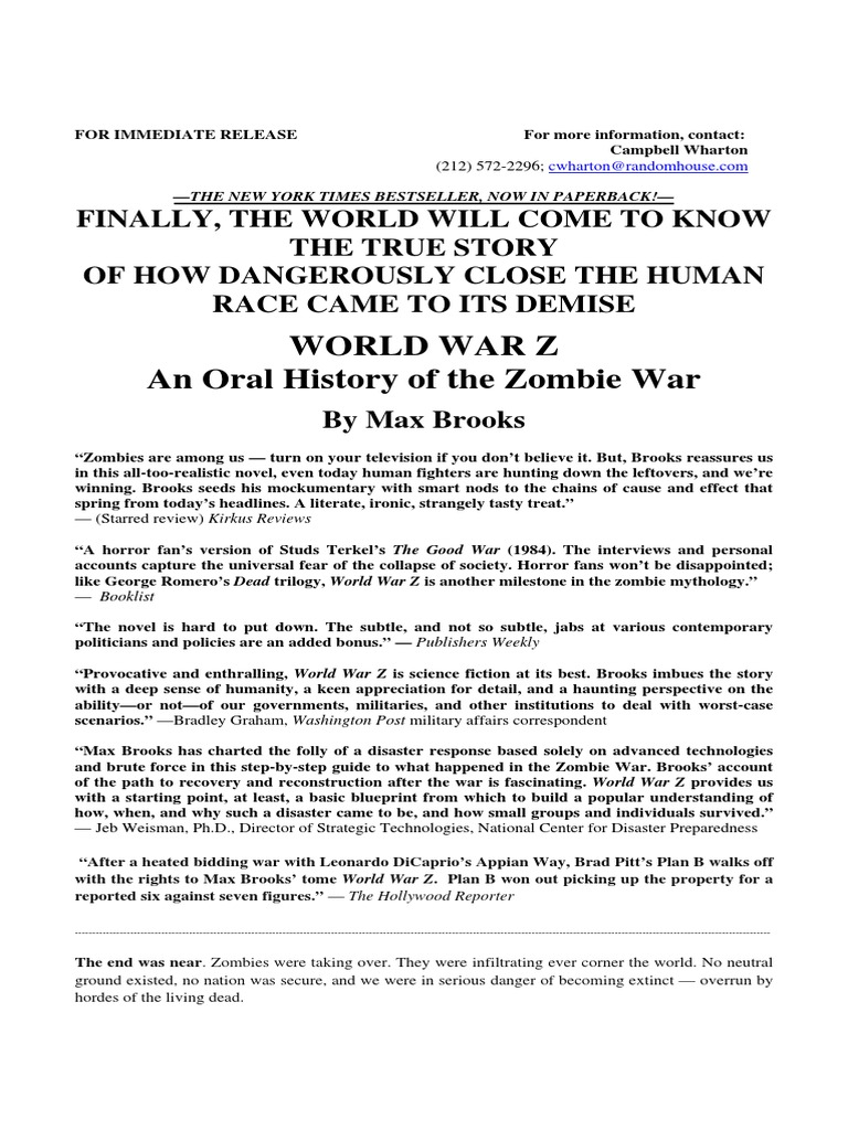 Press Release - World War Z by Max Brooks | PDF | Unrest | Books