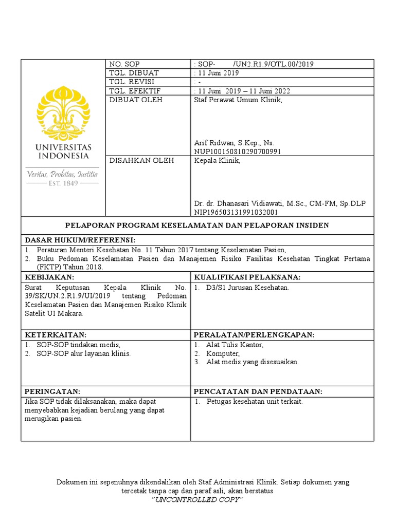 Standar Operasional Prosedur (Sop) Pelaporan Program Keselamatan Dan ...