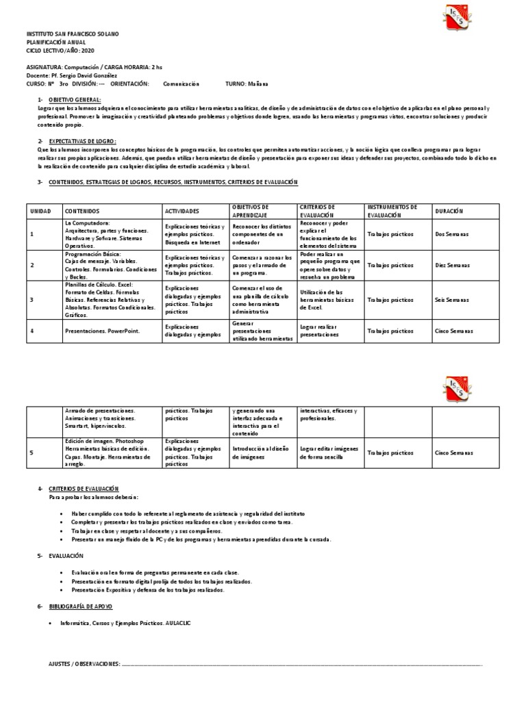 Computacion. Planificacion 3er Año | PDF | Evaluación | Microsoft Excel