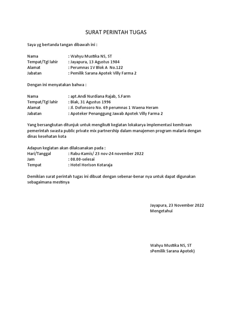 Surat Perintah Tugas Apt | PDF