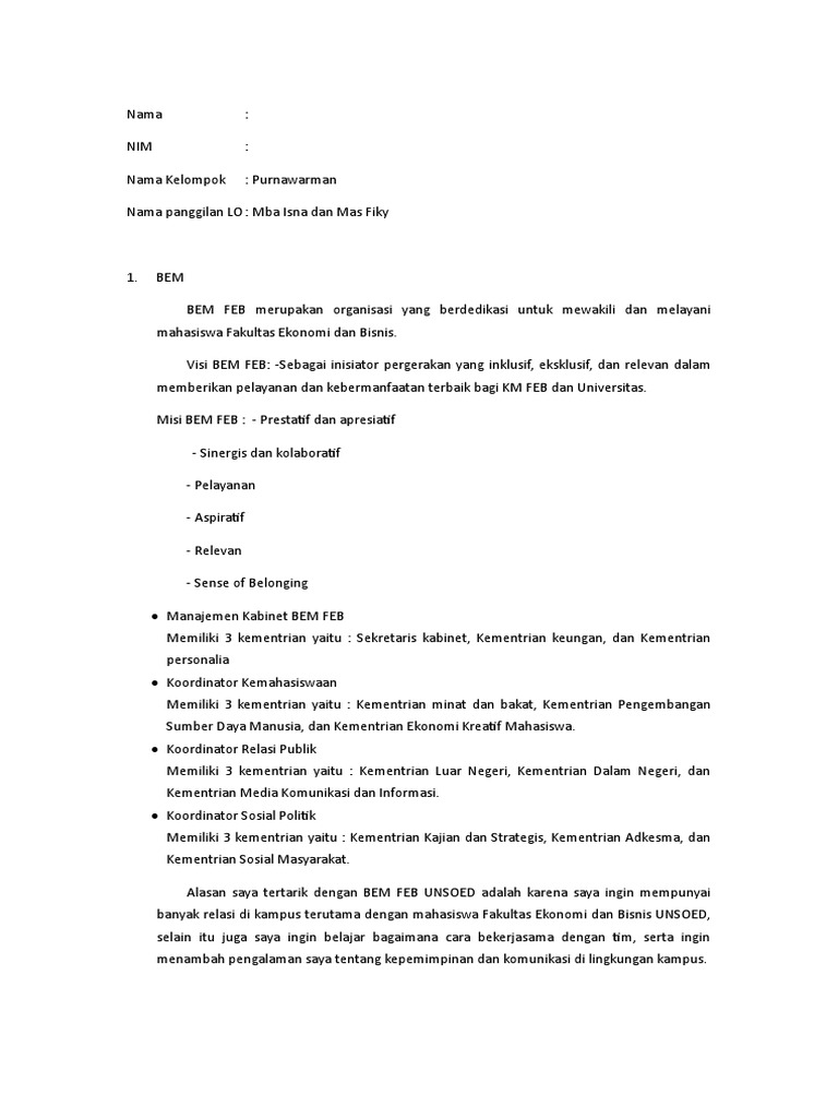 Organisasi Mahasiswa FEB UNSOED dan Visi Misinya | PDF | Karier ...