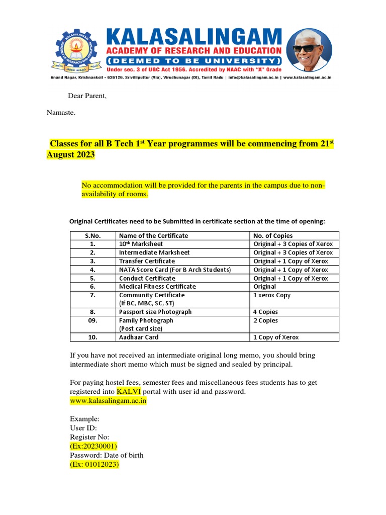 Kalasalingam University Welcome Letter | PDF