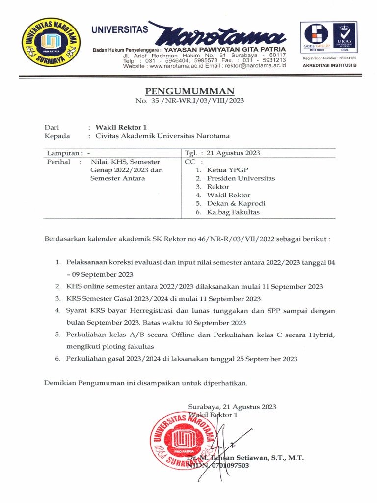 Pengumuman WR I No. 35 TTG Nilai, Khs SMT Antara | PDF
