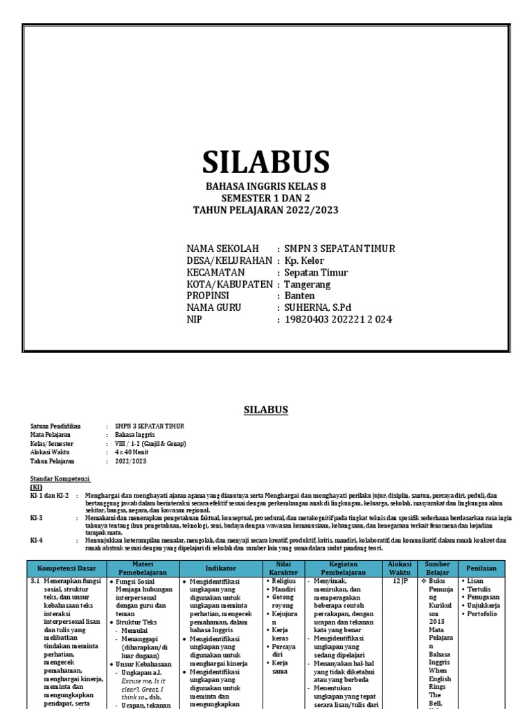 Silabus Bahasa Inggris Kelas 8 Ready | PDF
