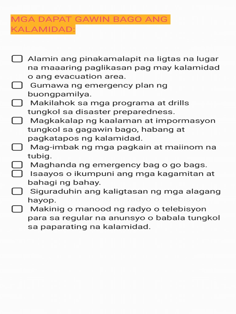 Mga Dapat Gawin Bago, Habang at Pagkatapos NG Kalamidad | PDF Mga Dapat Gawin Bago, Habang at Pagkatapos NG Kalamidad | PDF