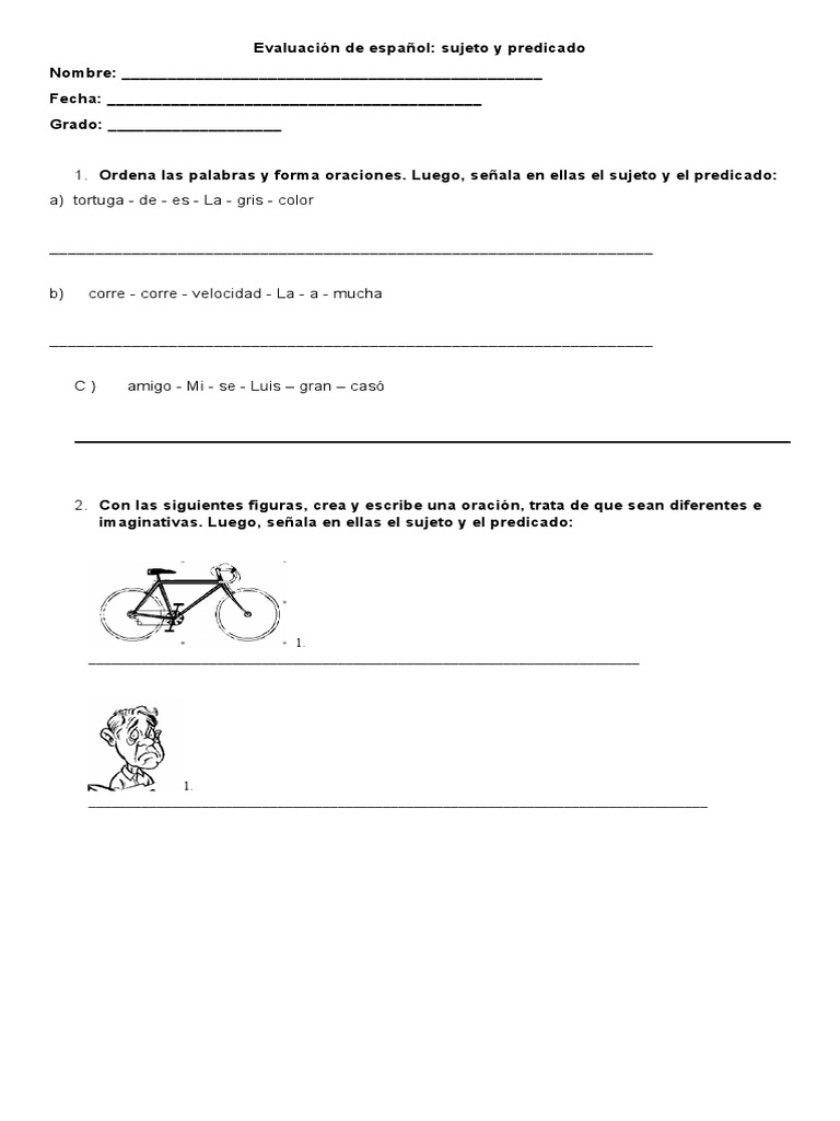 Evaluación de español. sujeto y predicado | PDF