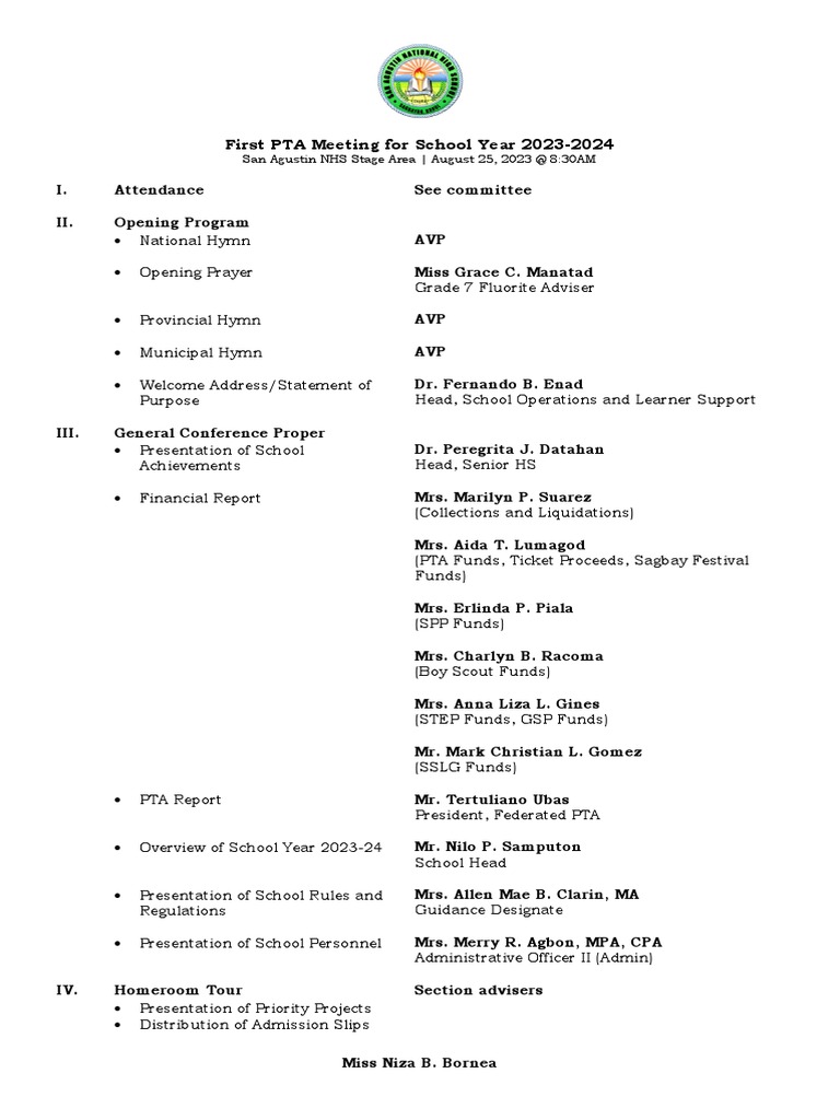 First PTA Meeting Program | PDF | Minerals | Jewellery Components
