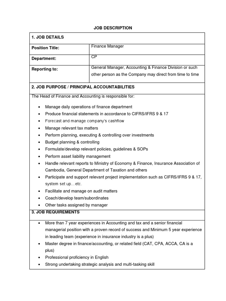 JD - Finance Manager | PDF