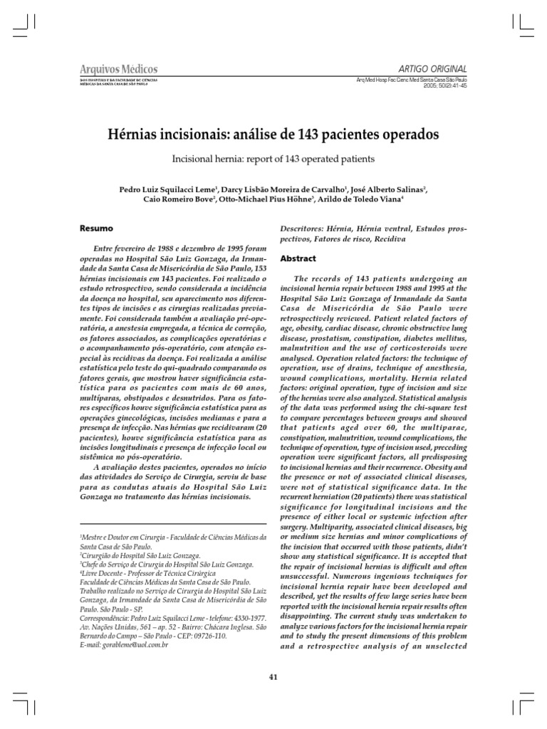 Root 2 H rnias incisionais an lise de 143 pacientes operados PDF