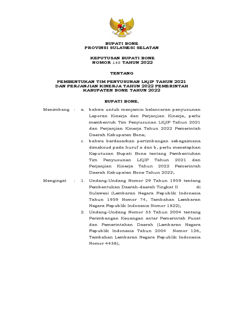 2sk Tim Penyusunan Lkjip Tahun 2021 Dan Perjanjian Kinerja 2022 Pemerintah Daerah | PDF ...