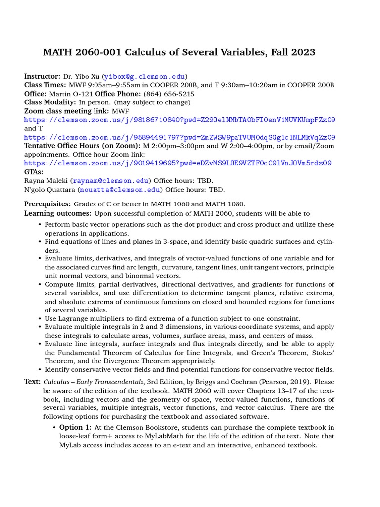 Math 2060 Fall 2023 Syllabus | PDF | Derivative | Integral
