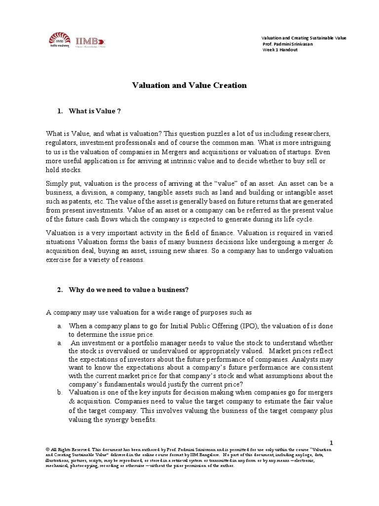 Valuation and Creating Sustainable Value | PDF
