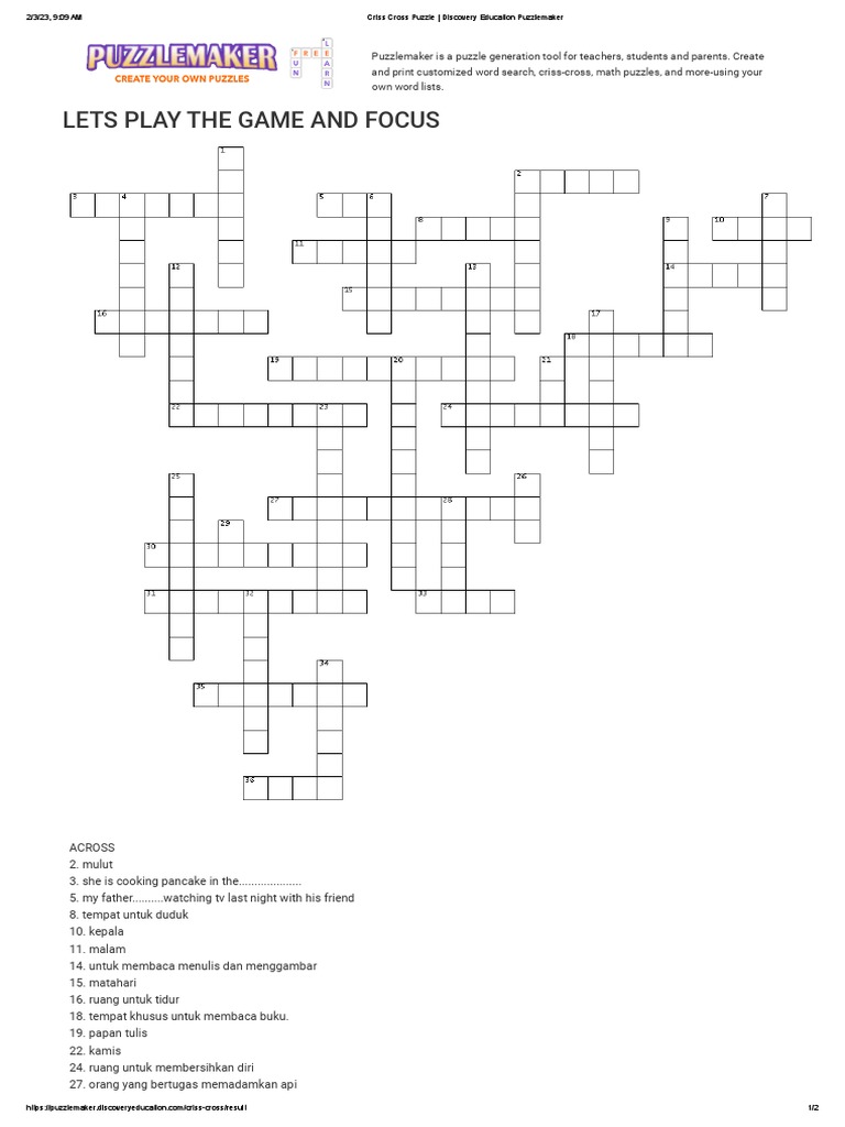 Criss Cross Puzzle Discovery Education Puzzlemaker | PDF
