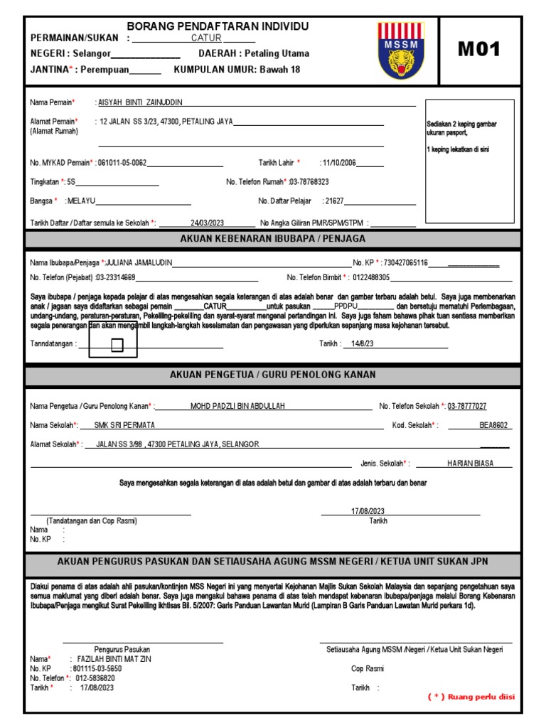 Borang m01 2023 (1) Catur | PDF