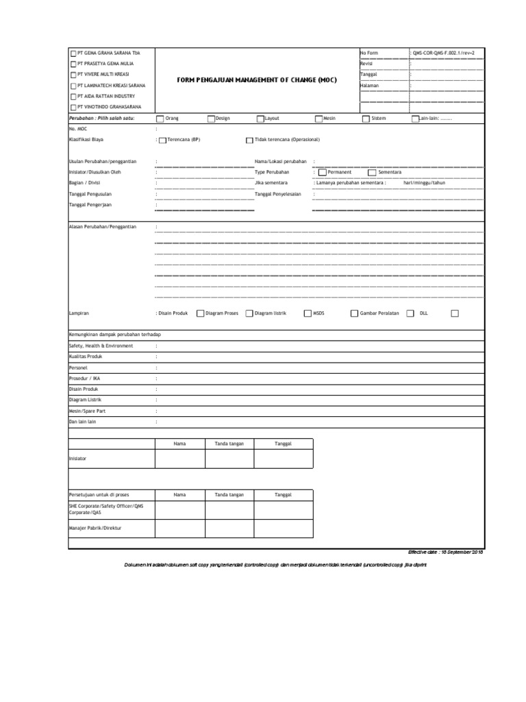 Form Pengajuan Management of Change Rev 2 QMS-COR-QMS-F.002.1 | PDF