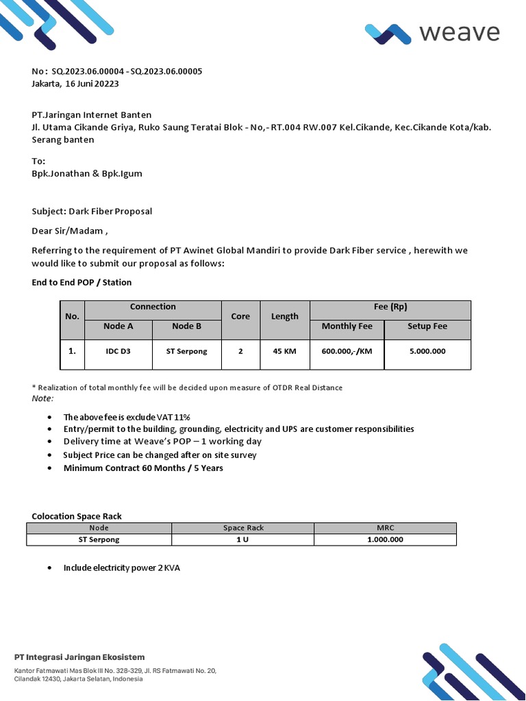 Dark Fiber Proposal for PT Awinet | PDF | Computer Networking | Telecommunications