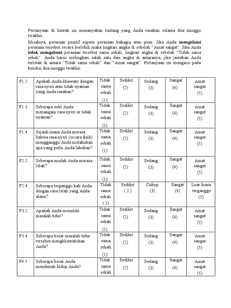 KUESIONER WHOQOL 100 ENGLISH - 4 Mar 2023 | PDF