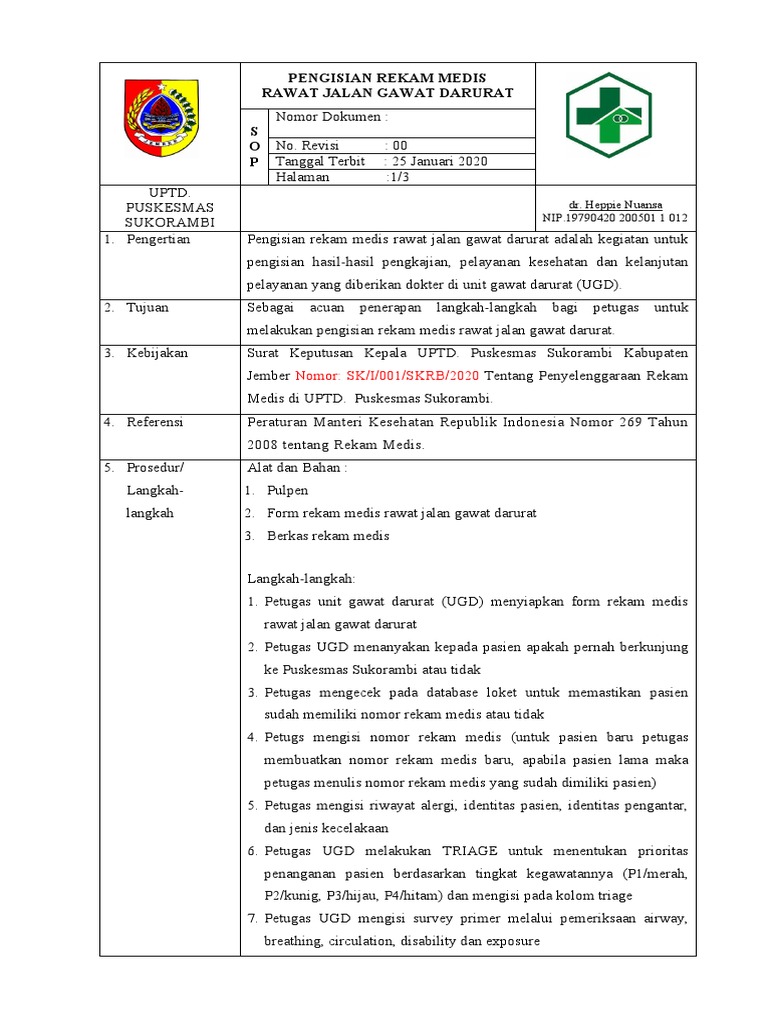 Sop Pengisian Rekam Medis Rawat Jalan Gawat Darurat | PDF