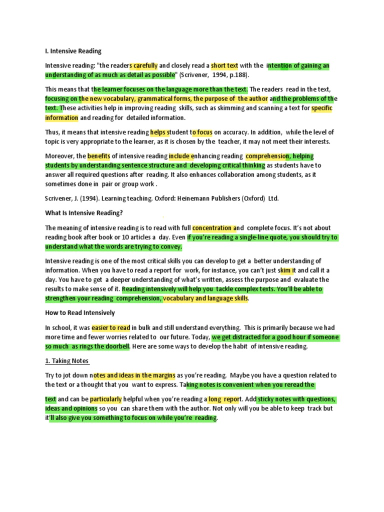 Intensive Reading | PDF | Reading Comprehension | Behavior Modification