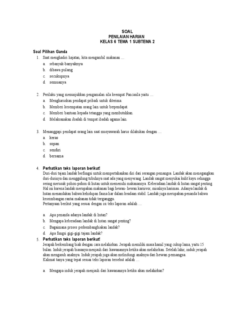Soal, Jawaban & Kisi-Kisi PH Kelas 6 SD Tema 1 Sub Tema 2 Tahun 2021-2022 | PDF
