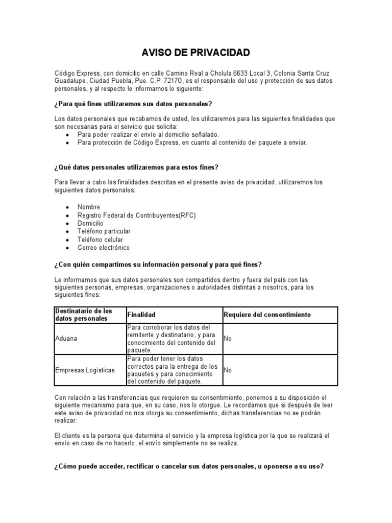 Ejemplo de Aviso de Privacidad | PDF