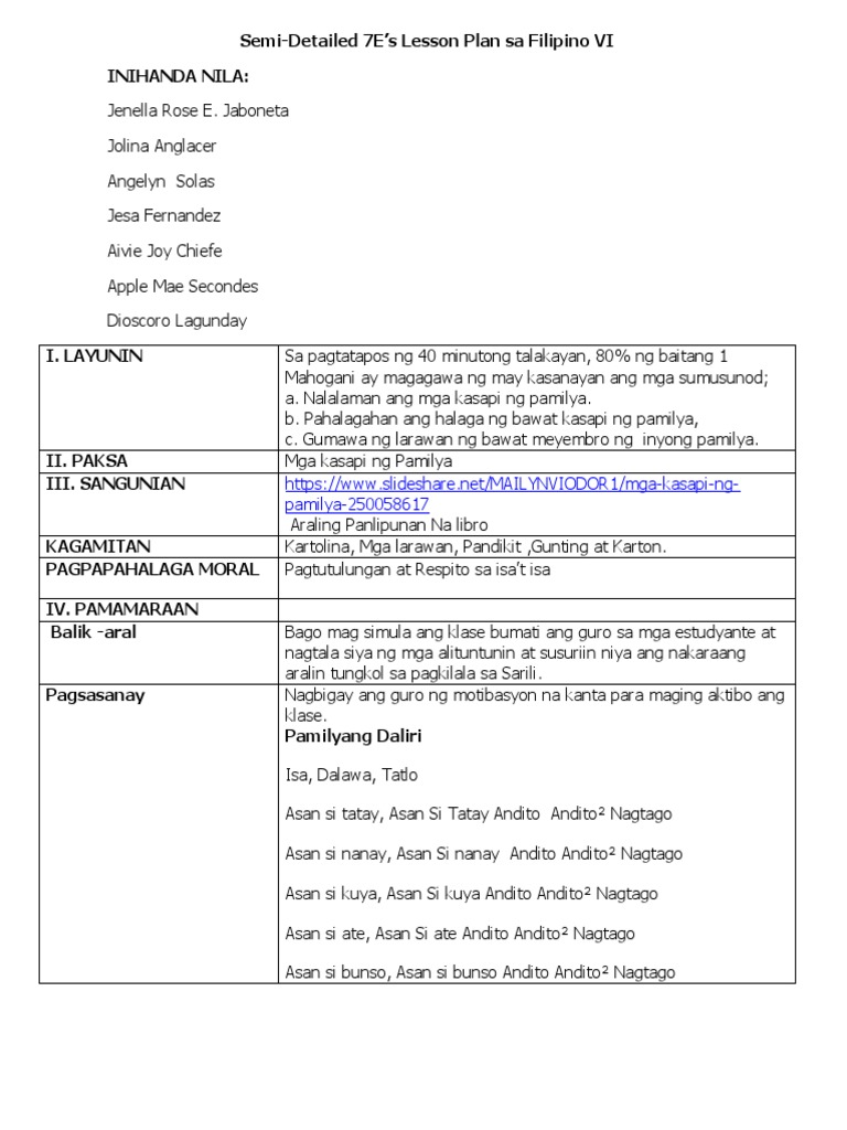 Semi-Detailed 7e's Lesson Plan Sa Filipino VI Inihanda Nila | PDF