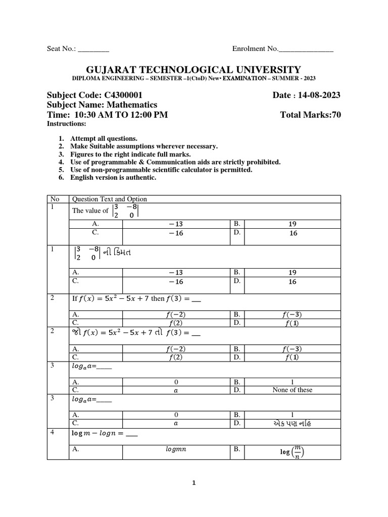 Mathematics Exam Questions 2023 | PDF