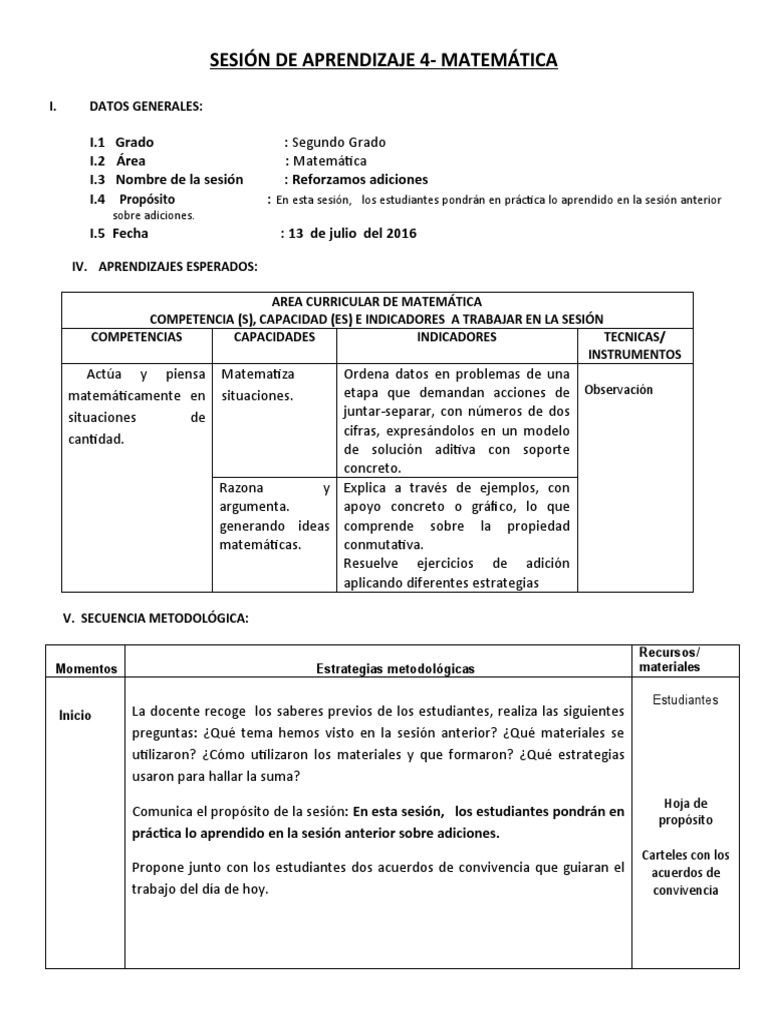 Sesión de Aprendizaje Refuerzo de Adiciones | PDF