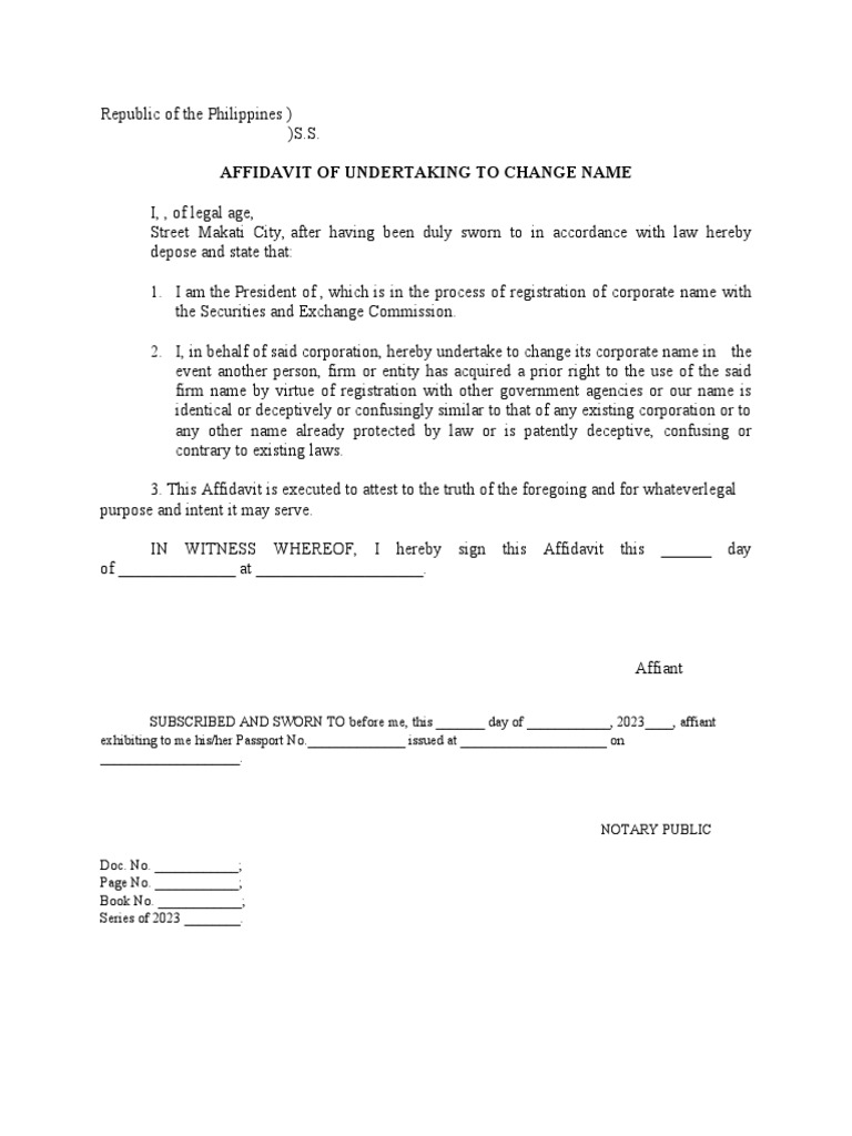 Affidavit of Undertaking to Change Company Name - | PDF